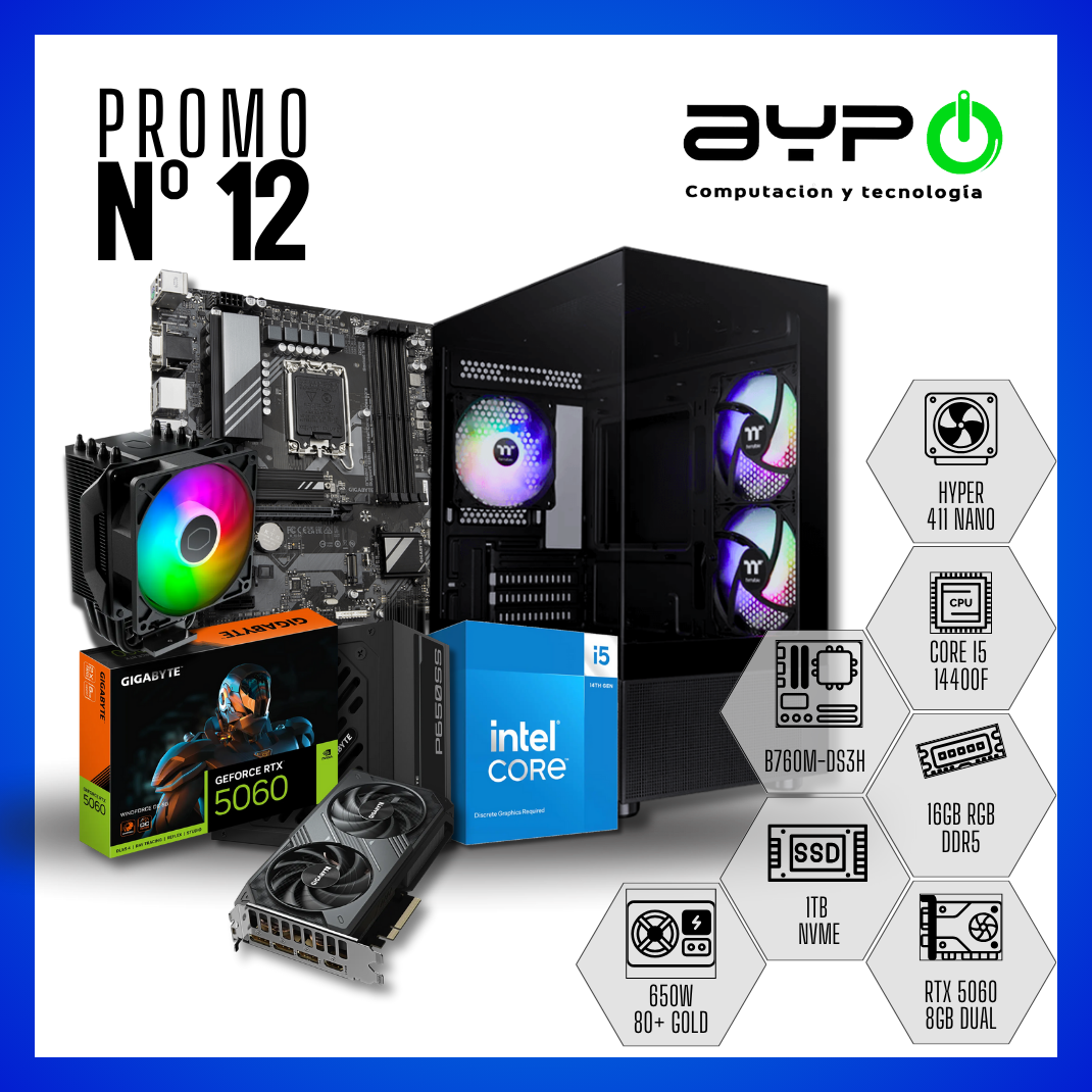 PC Core I5 14400F, RTX 5060, 16GB DDR5| Alto Rendimiento | AyP Computacion
