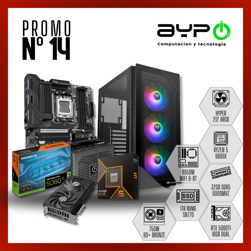 PC Ryzen 5 9600X, RTX 5060Ti , 32GB DDR5, 1TB M.2| Alto Rendimiento ...
